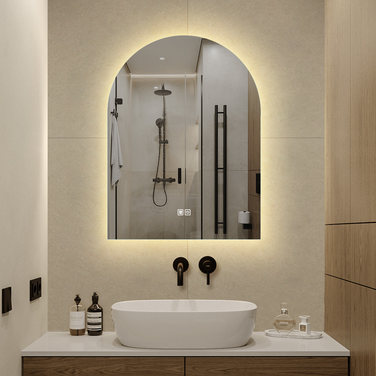 Arch Backlit LED Mirror with Demister, Three Light Selection and Dimma ...