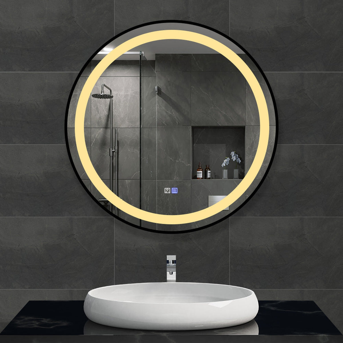 Framed Round LED Mirror with Demister, Three Light Selection and Dimma ...